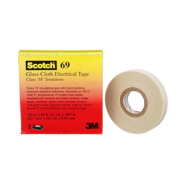 3M Glass Cloth Electrical Tape 69, 1/2 in x 66 ft, White, 50 Rolls/Case